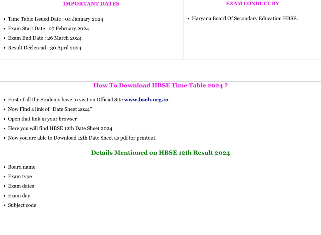 Haryana Board Class 12th Result 2024 Daily Result
